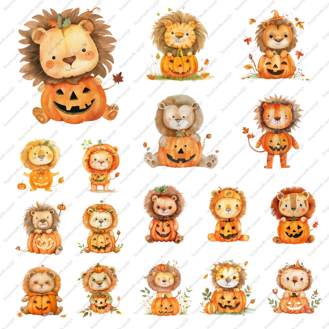 Watercolor Lion Halloween Clipart, 36 PNG Halloween Clipart, Cute ...
