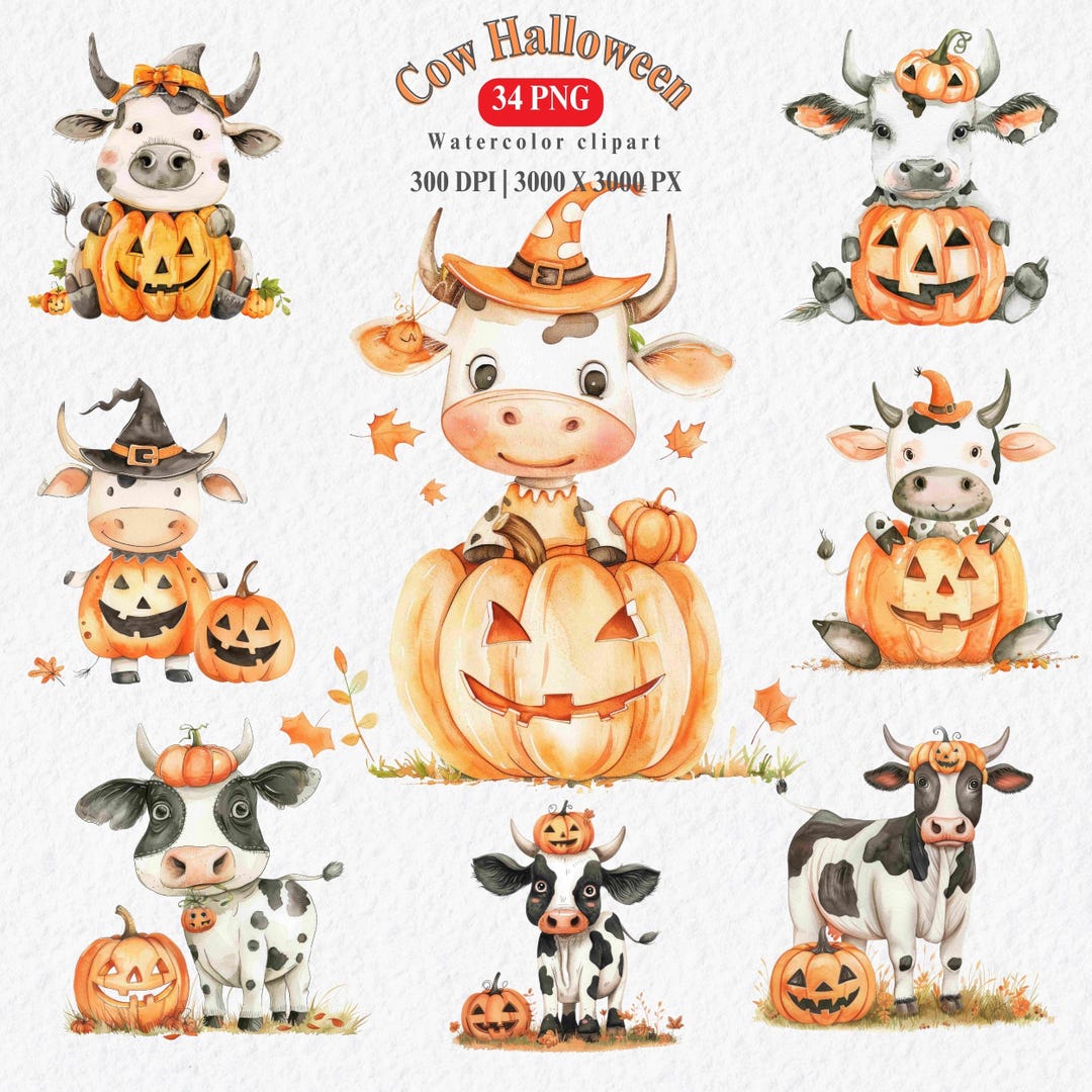 Watercolor Halloween Cow Clipart Set: Farm Animal Pumpkin (digital ...