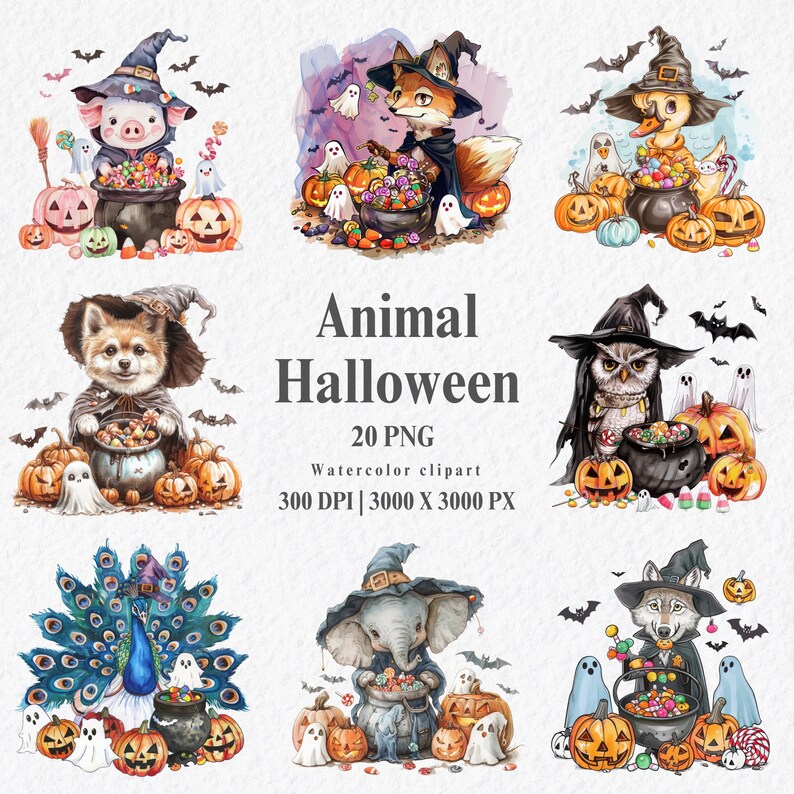 Watercolor Halloween Animal Clipart: 20 PNG Spooky Graphics (commercial ...