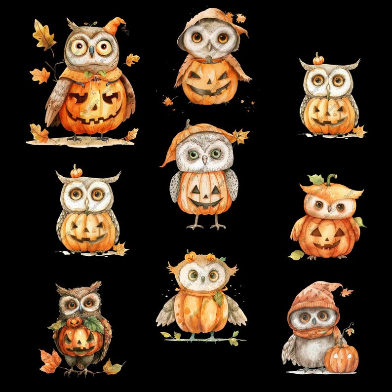 Cute Halloween Owl Clipart Bundle, Watercolor Pumpkin Owls, Fall Autumn ...
