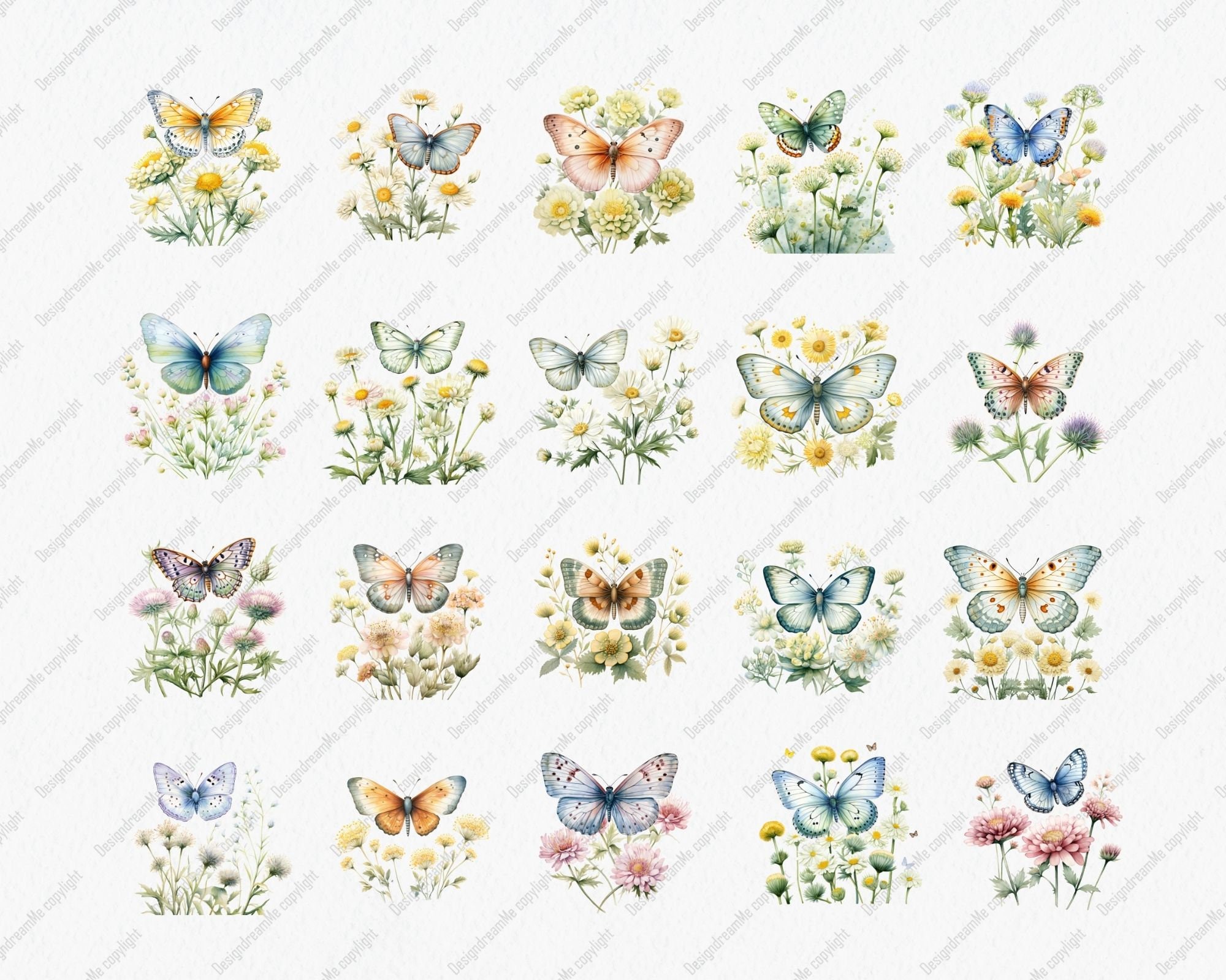 Watercolor Butterfly Flowers Clipart: Nursery Art PNG (digital Download ...
