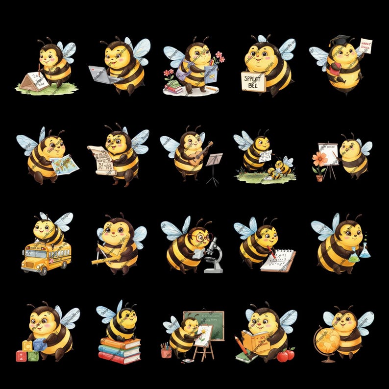 Watercolor Bee Back to School Clipart: Classroom Decor PNG (digital ...