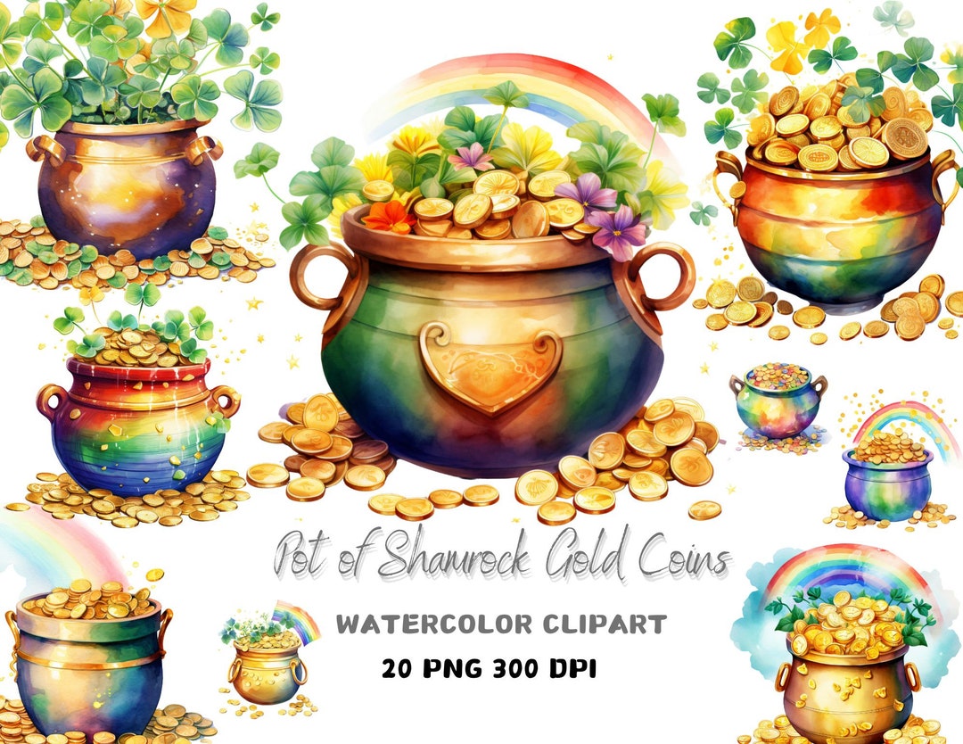 Watercolor Pot of Shamrock Gold Coins Clipart, Overflowing Pot of Gold ...