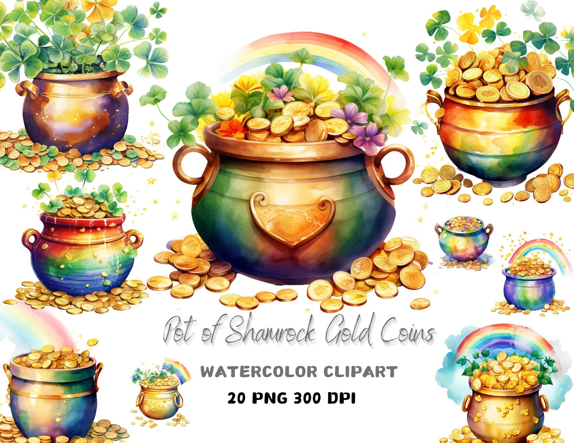 Watercolor Pot of Shamrock Gold Coins Clipart, Overflowing Pot of Gold ...