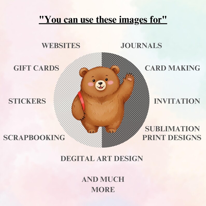 Watercolor Bear Clipart: Back to School Animal PNG Set (digital ...