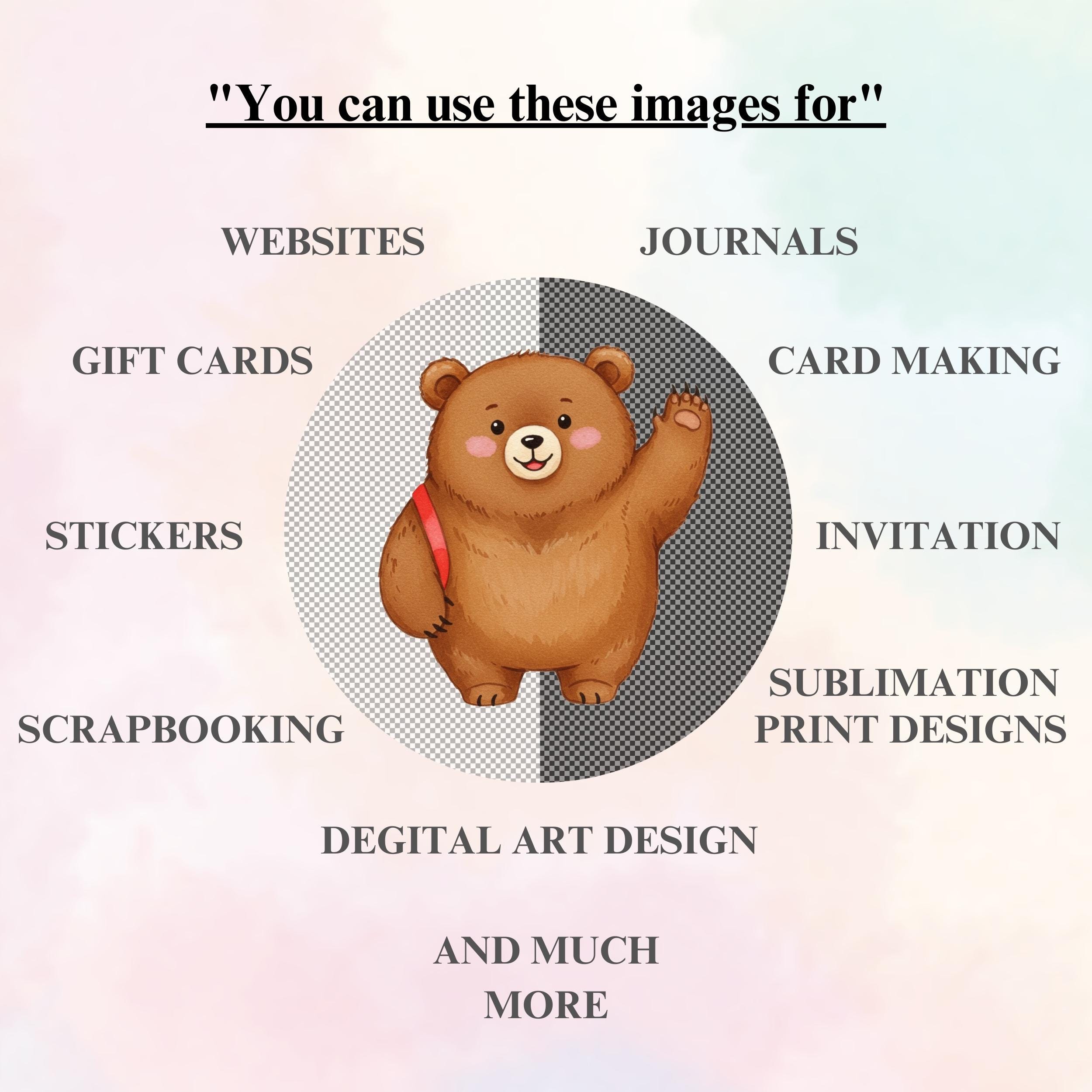 Watercolor Bear Clipart: Back to School Animal PNG Set (digital ...
