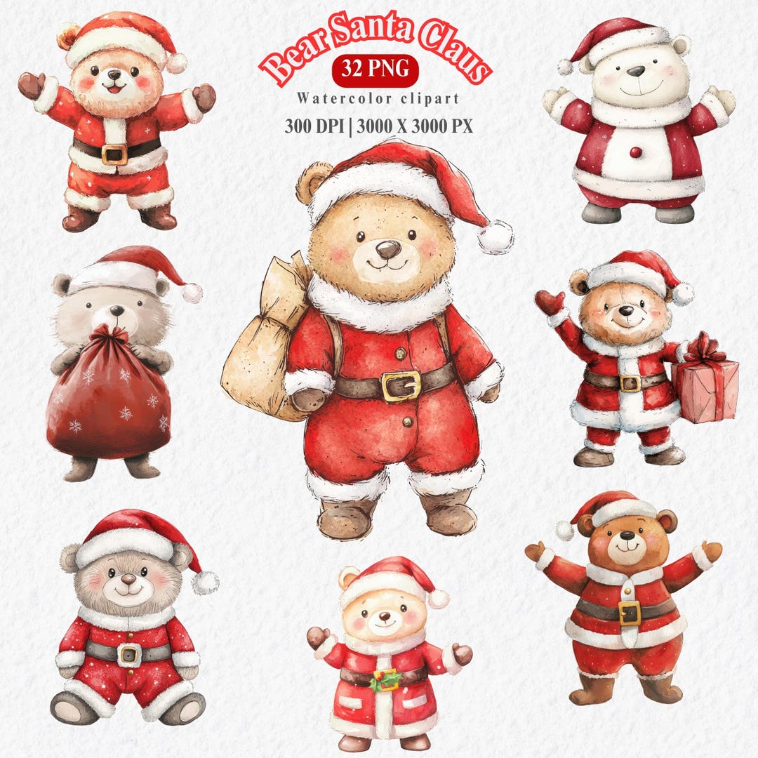Teddy Bear Christmas Clipart, Watercolor Christmas Clipart, Cute ...