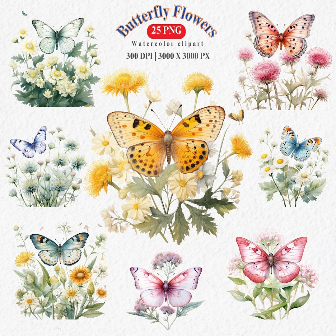 Watercolor Butterfly Flowers Clipart 2, Butterflies Clipart, Spring ...