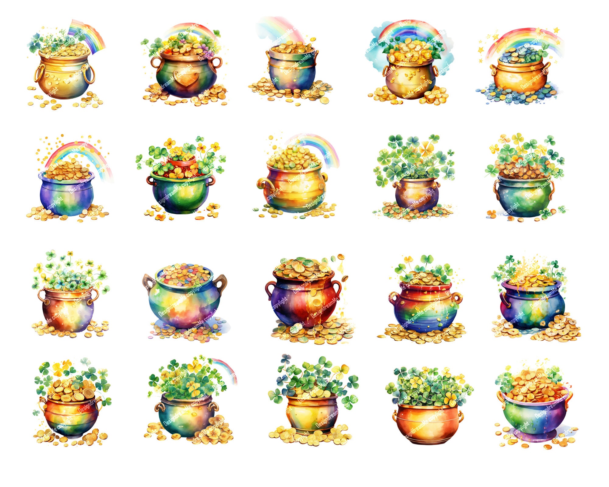Watercolor Pot of Shamrock Gold Coins Clipart, Overflowing Pot of Gold ...