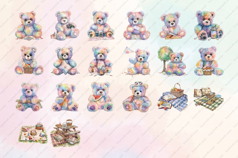 Cute Teddy Bear Picnic Clipart, Baby Shower, Watercolor Pastel Teddy ...