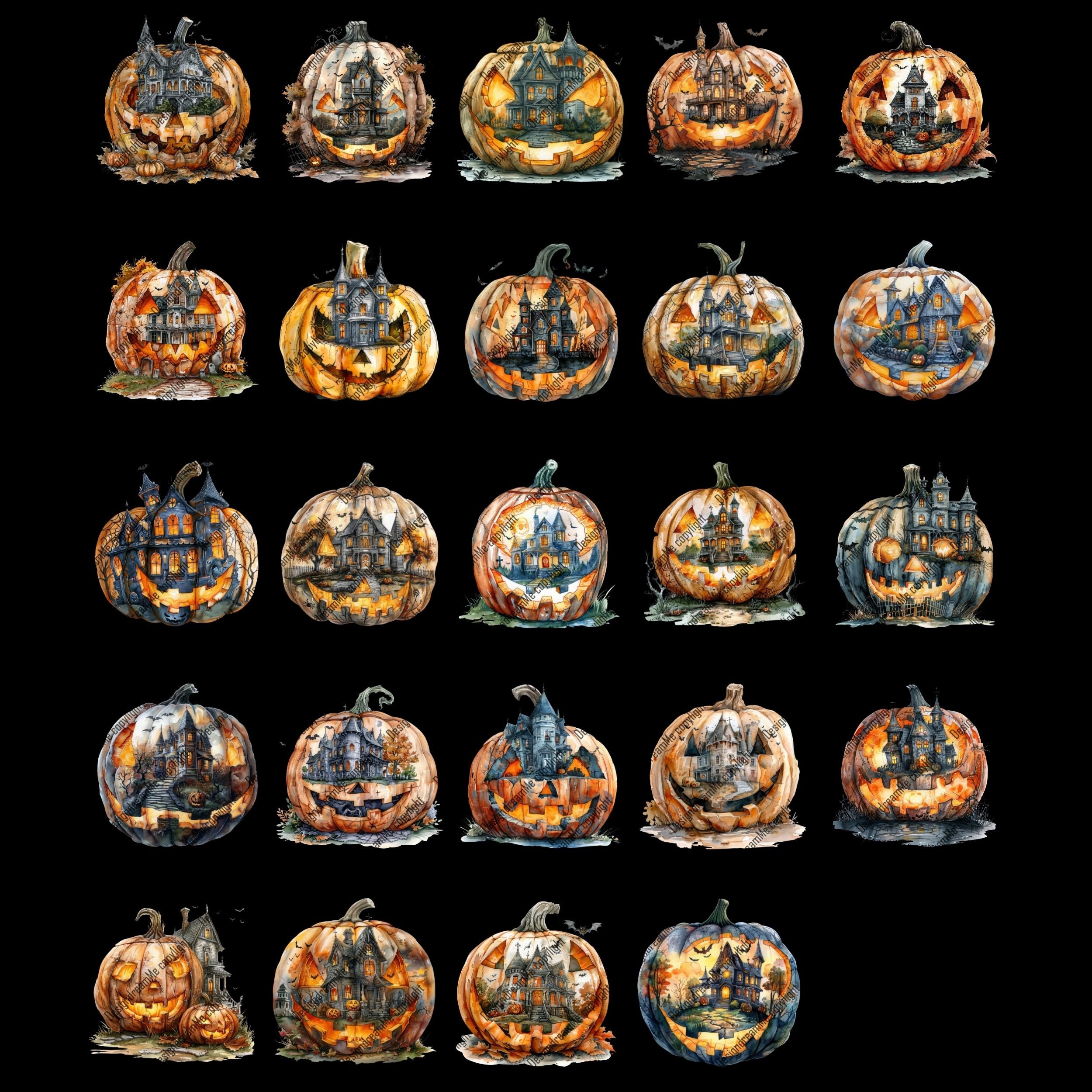 Watercolor Jack-o-lantern Haunted House Clipart Set, 24 PNG Files for ...