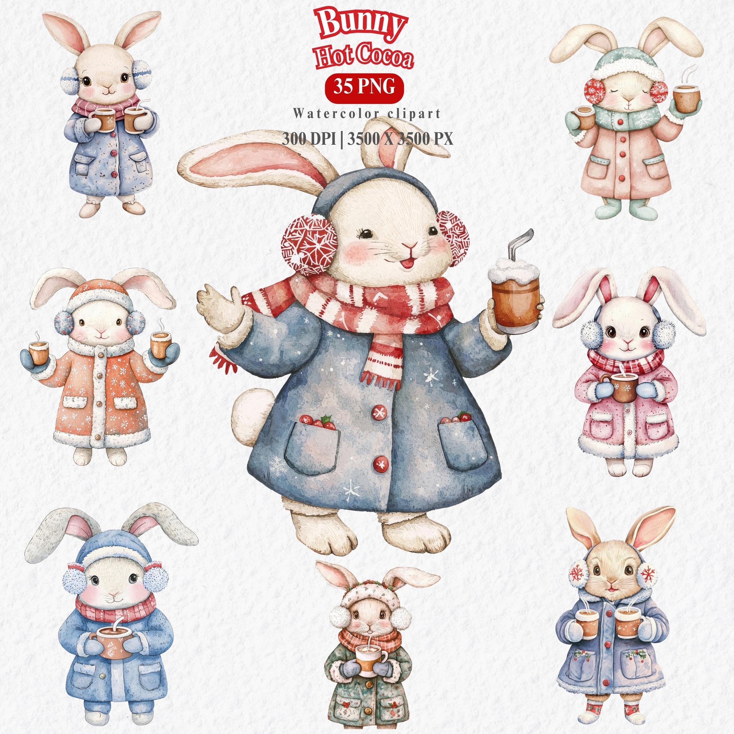Watercolor Bunny Hot Cocoa Clipart: 35 Winter Illustrations (digital ...