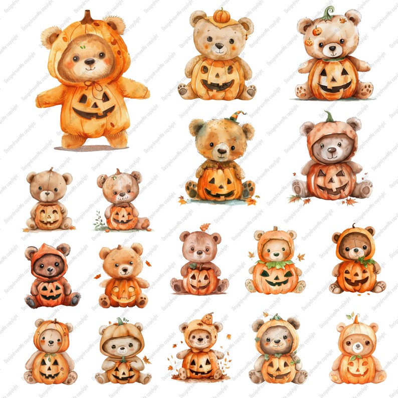 Watercolor Halloween Teddy Bear Clipart: Pumpkin Costume PNG Bundle - Etsy