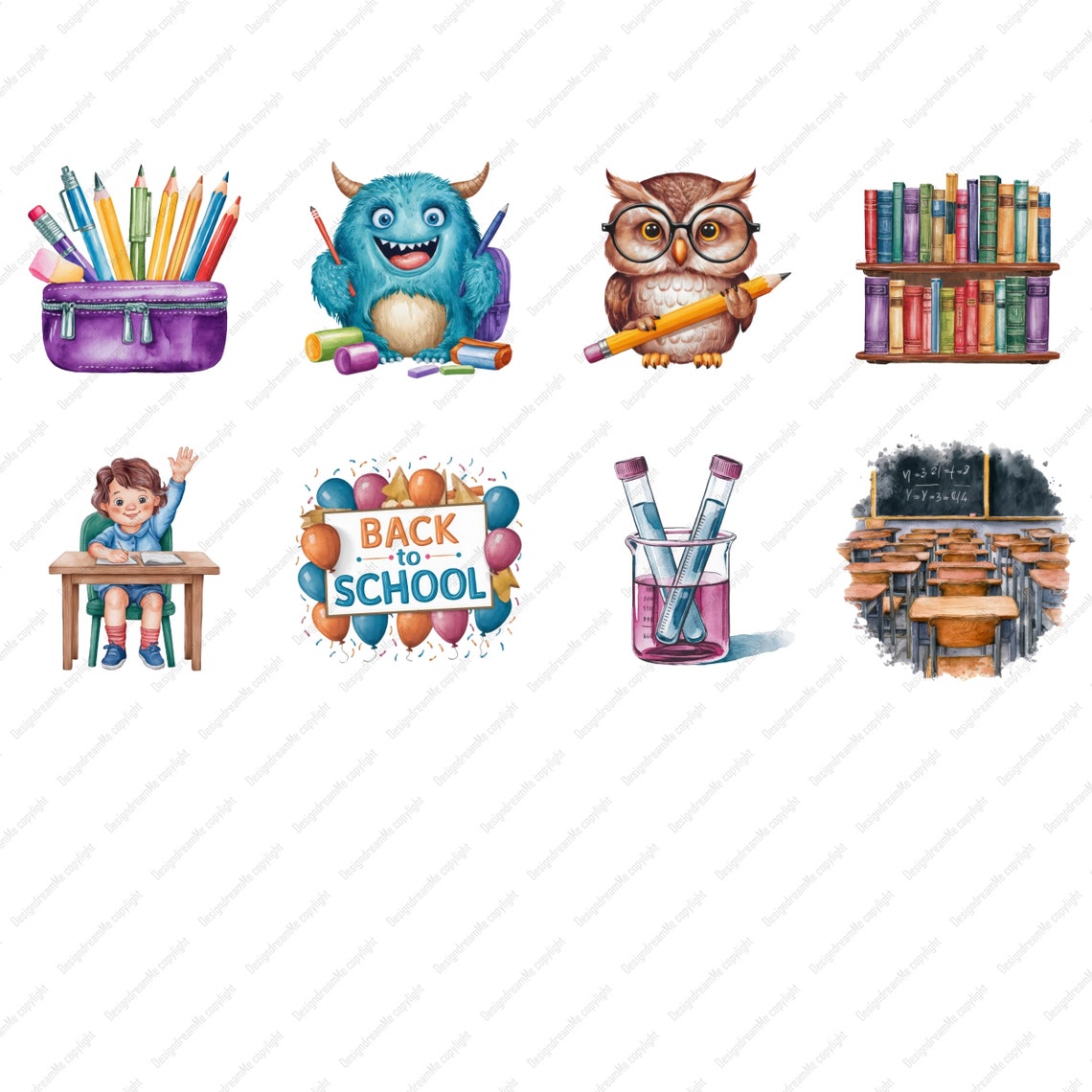 Watercolor Back to School Clipart, School Bus, Backpack, Pencil ...