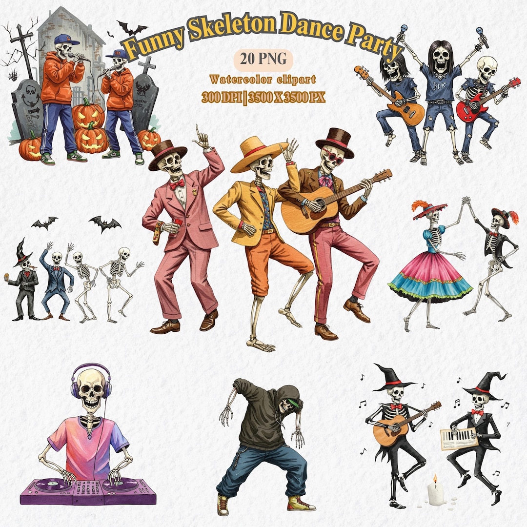 Funny Skeleton Dance Party Clipart | Halloween Dancing Skeletons PNG ...