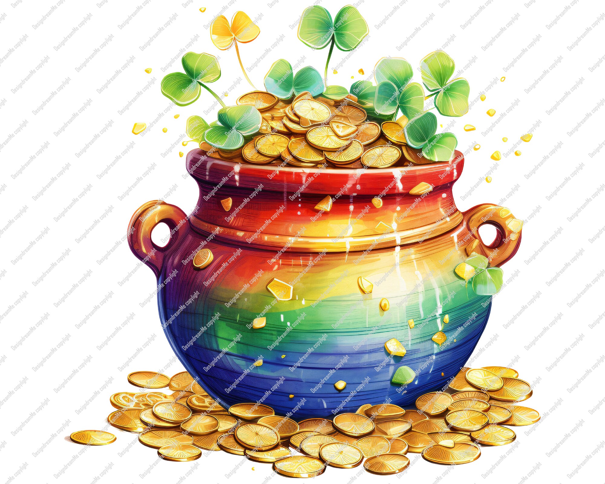 Watercolor Pot of Shamrock Gold Coins Clipart, Overflowing Pot of Gold ...