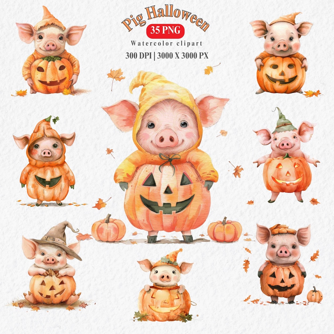 Adorable Halloween Piglet Clipart Set in Pumpkin Costumes - Cute Piglet ...