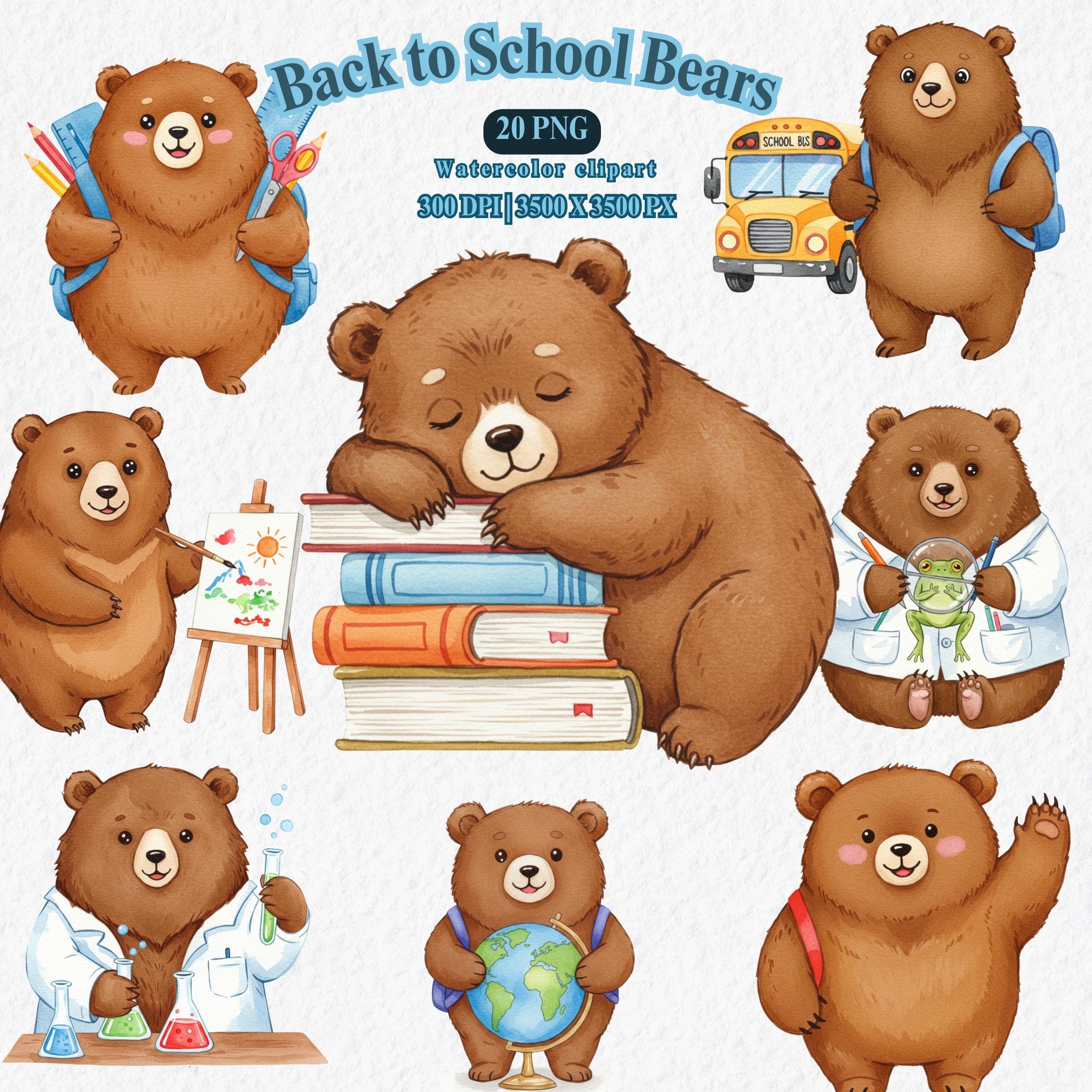 Watercolor Bear Clipart: Back to School Animal PNG Set (digital ...