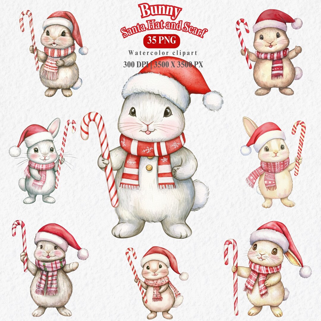 Christmas Bunny Clipart, Watercolor Bunny With Santa Hat and Scarf, 35 ...