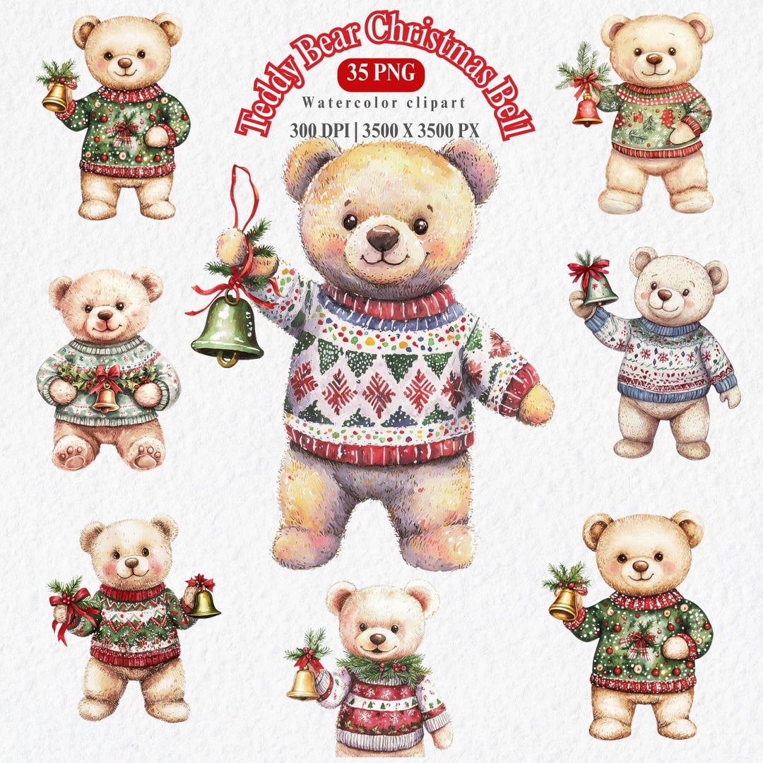 Watercolor Teddy Bear Christmas Clipart Set, Festive Bear Illustrations ...