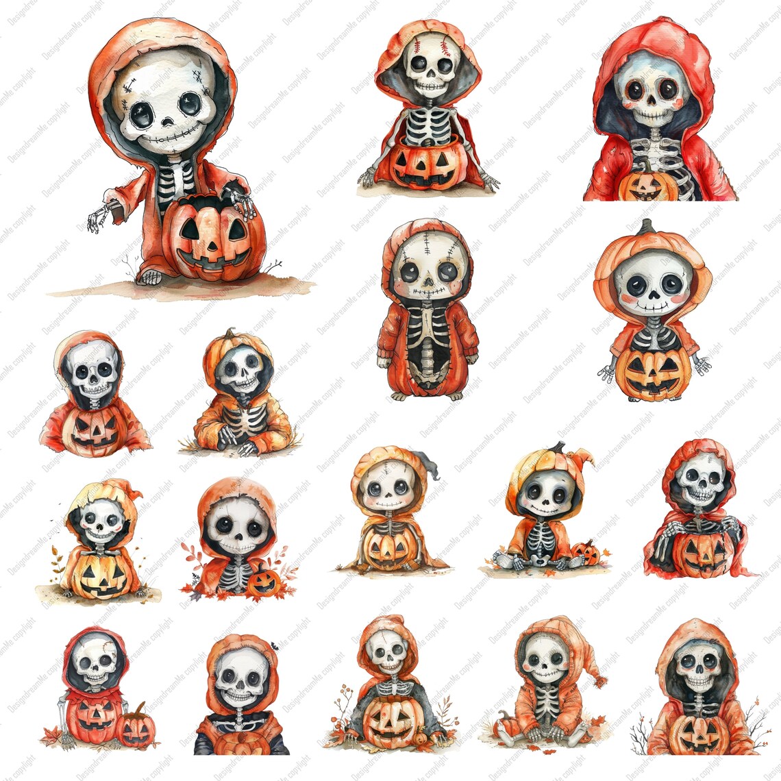 Watercolor Skeleton Halloween Clipart, 34 PNG Halloween Clipart, Cute ...