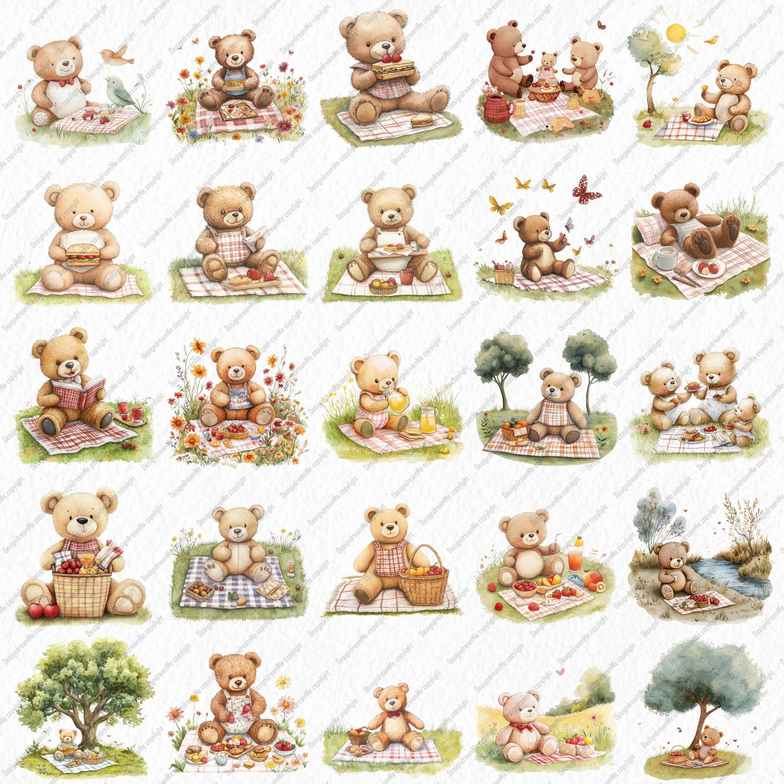 Watercolor Teddy Bear Picnic Clipart Pack, Digitaldownload-25 PNG, Baby ...