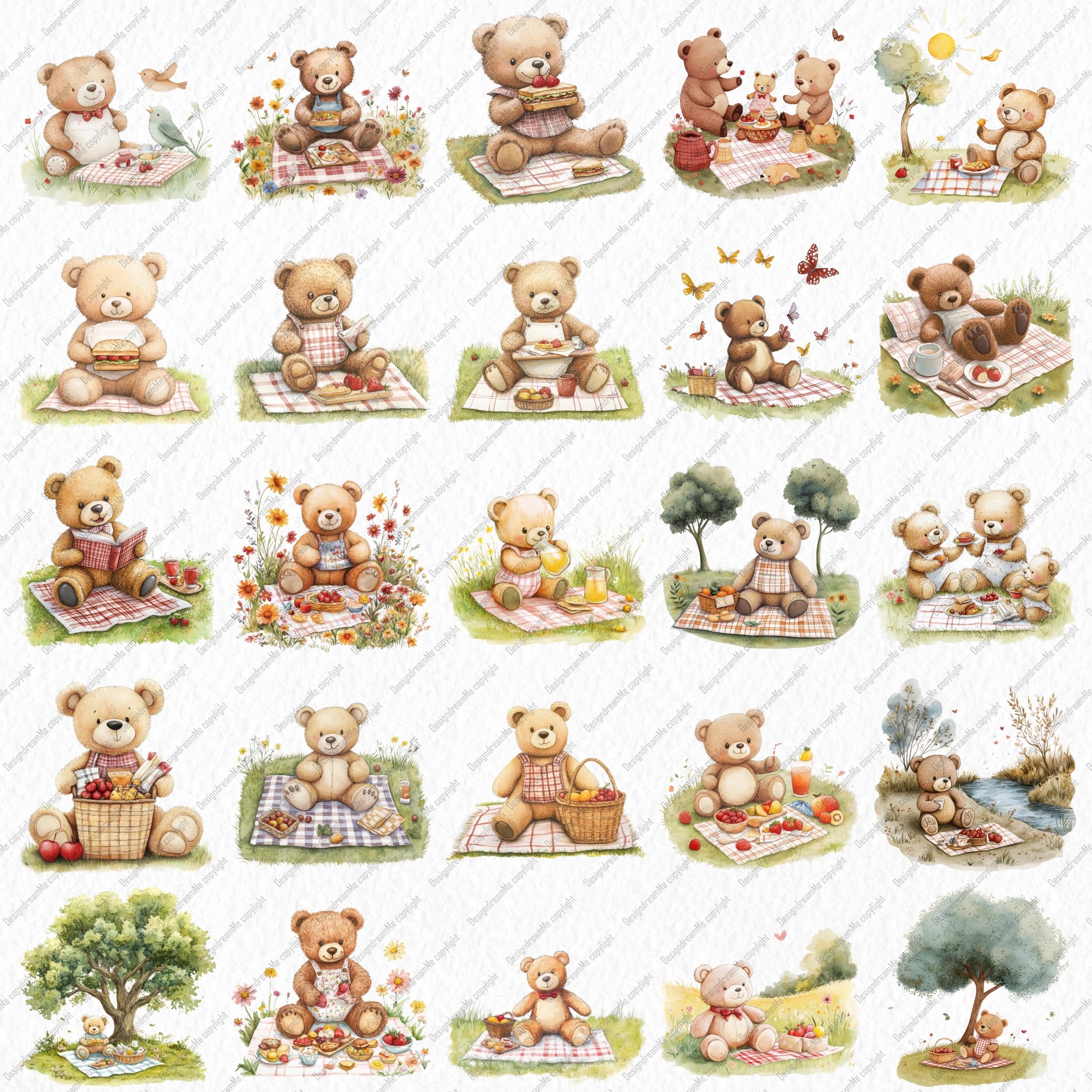 Watercolor Teddy Bear Picnic Clipart Pack, Digitaldownload-25 PNG, Baby ...