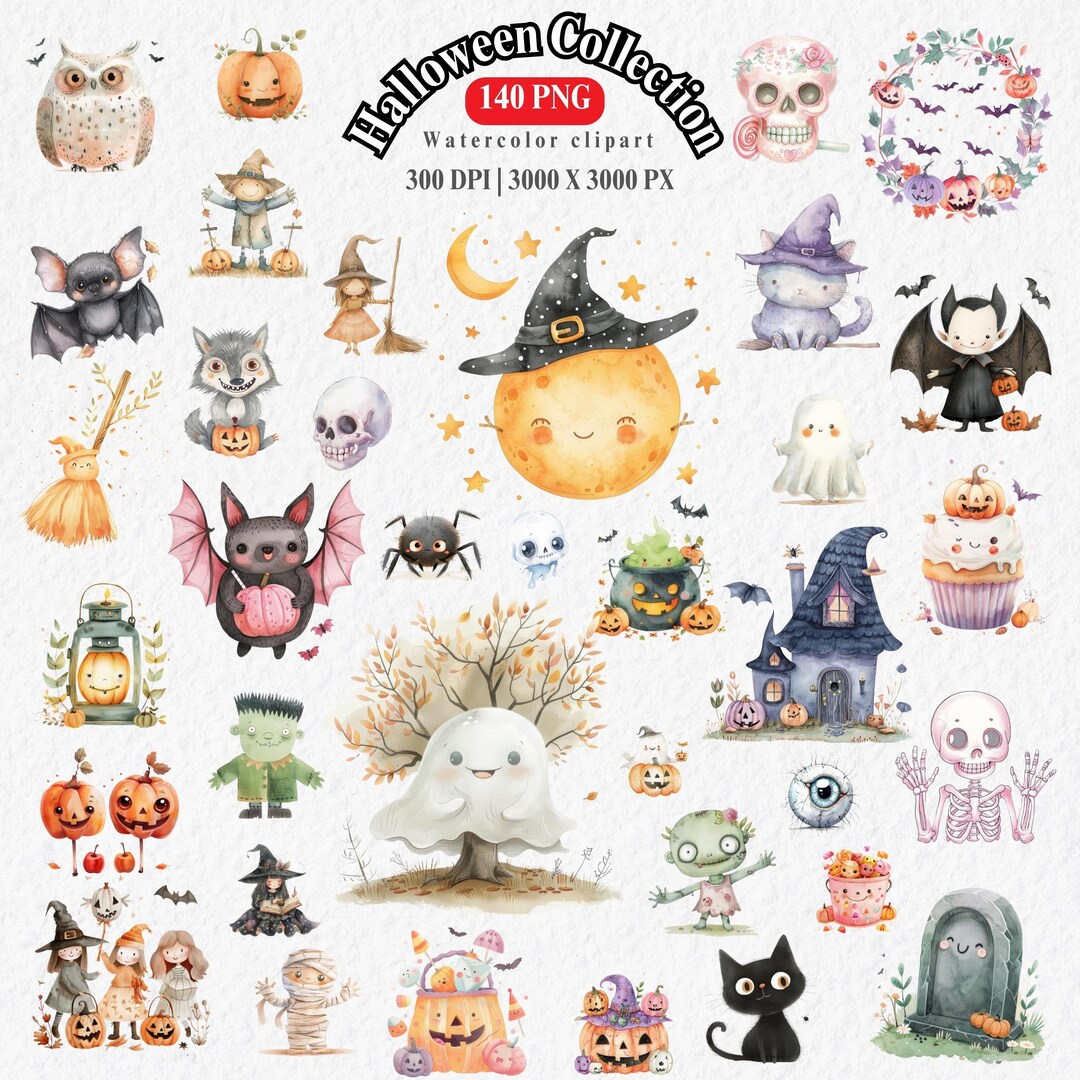 Watercolor Halloween Clipart Bundle Whimsical Halloween Cute Spooky ...