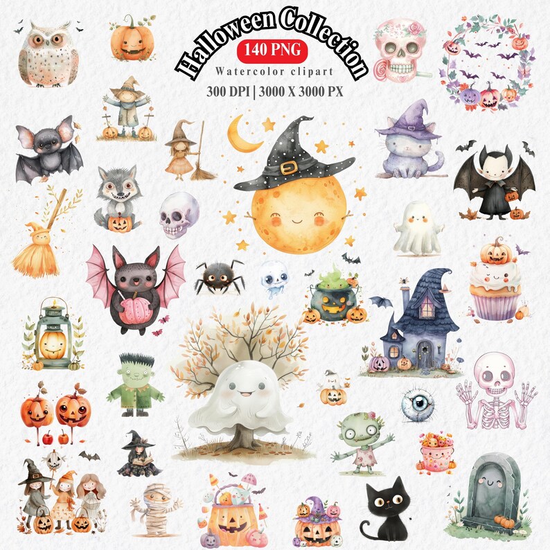 Watercolor Halloween Clipart Bundle Whimsical Halloween Cute Spooky ...