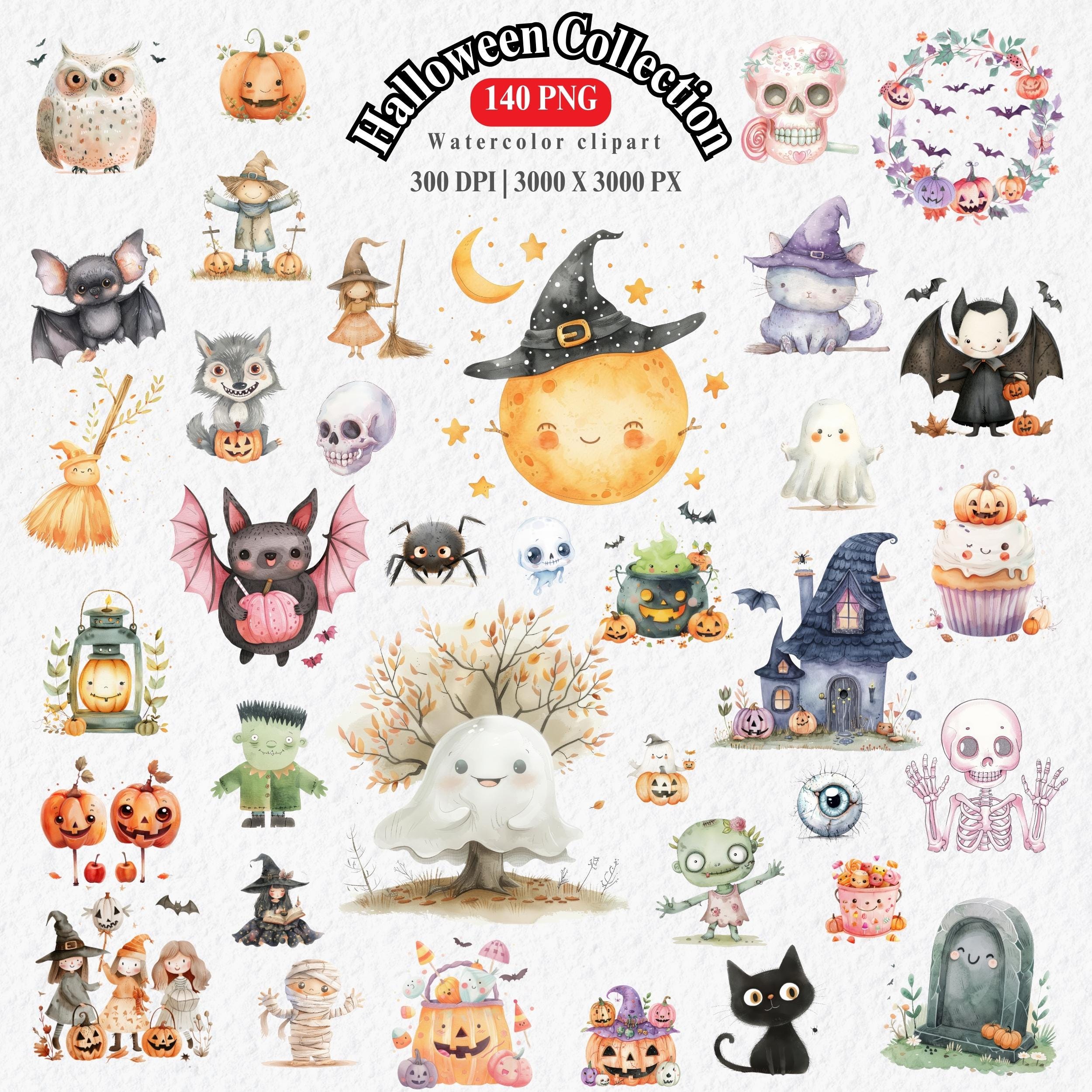 Watercolor Halloween Clipart Bundle Whimsical Halloween Cute Spooky ...
