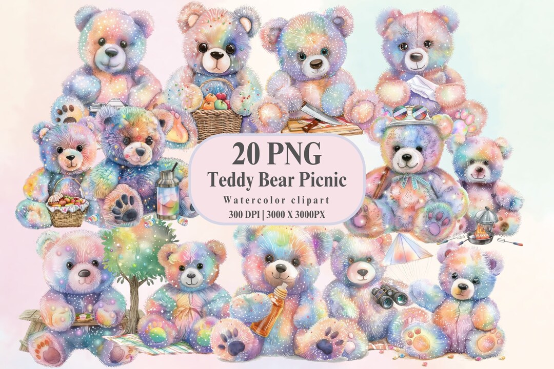 Cute Teddy Bear Picnic Clipart, Baby Shower, Watercolor Pastel Teddy ...