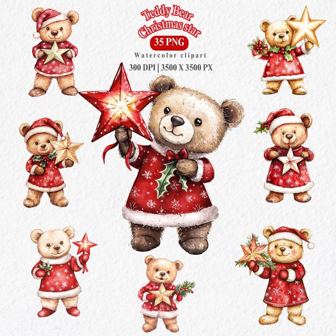 Christmas Teddy Bear Clipart Set 35 PNG Watercolor Christmas Bears With ...