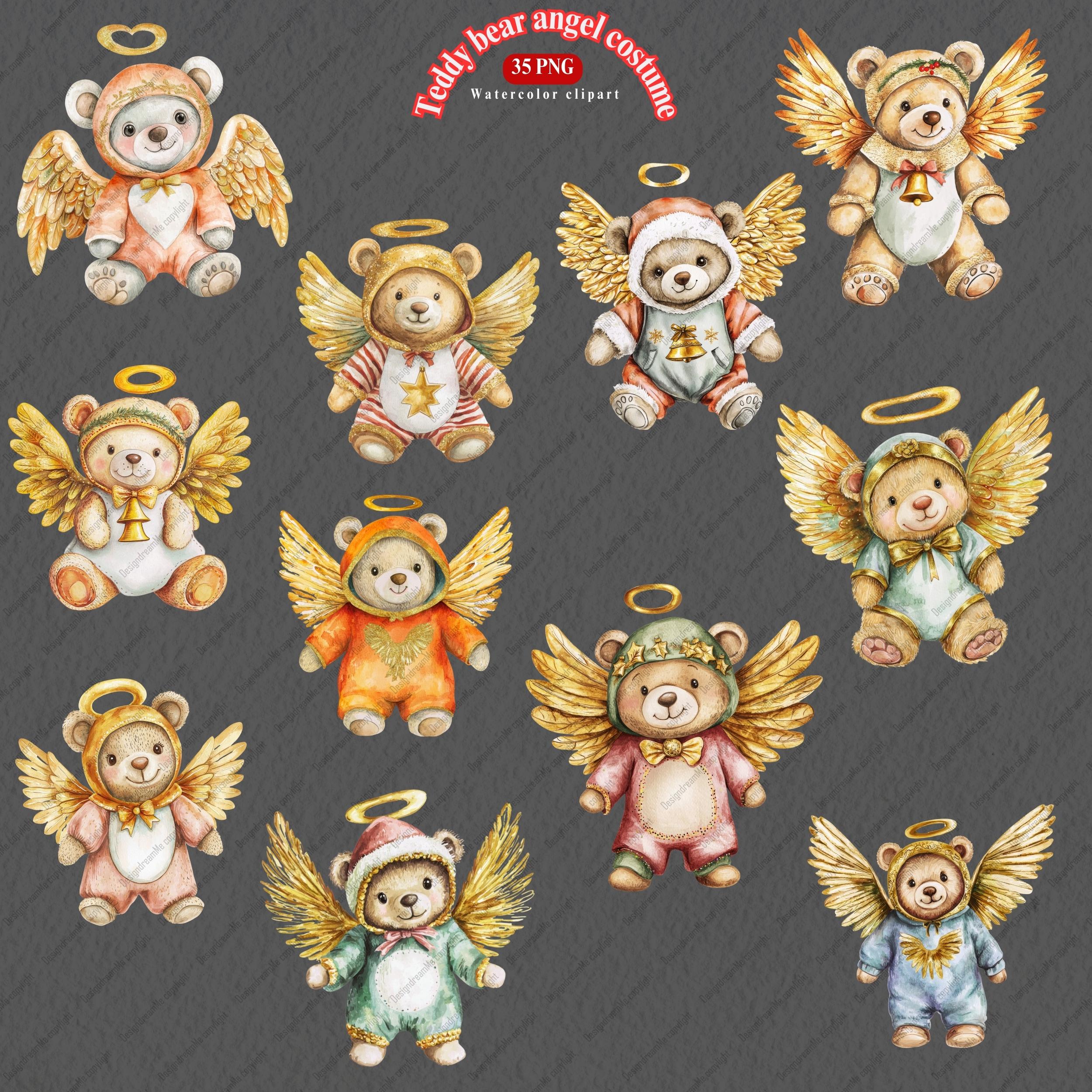 Watercolor Teddy Bear Angel Clipart Set, 35 PNG Angelic Teddy Bear ...