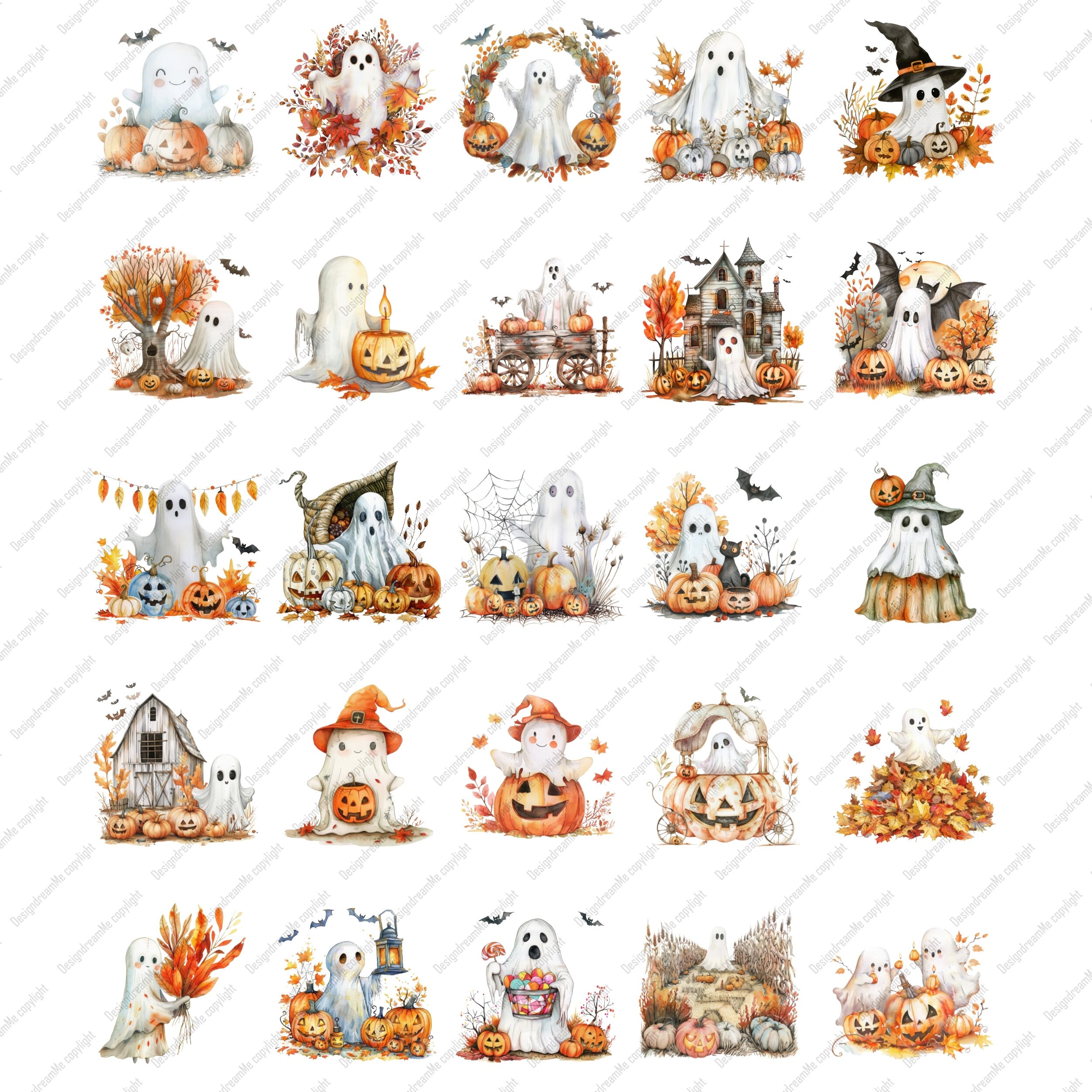 Watercolor Ghost Clipart, 25 PNG Halloween Clipart Bundle, Cute Ghost ...