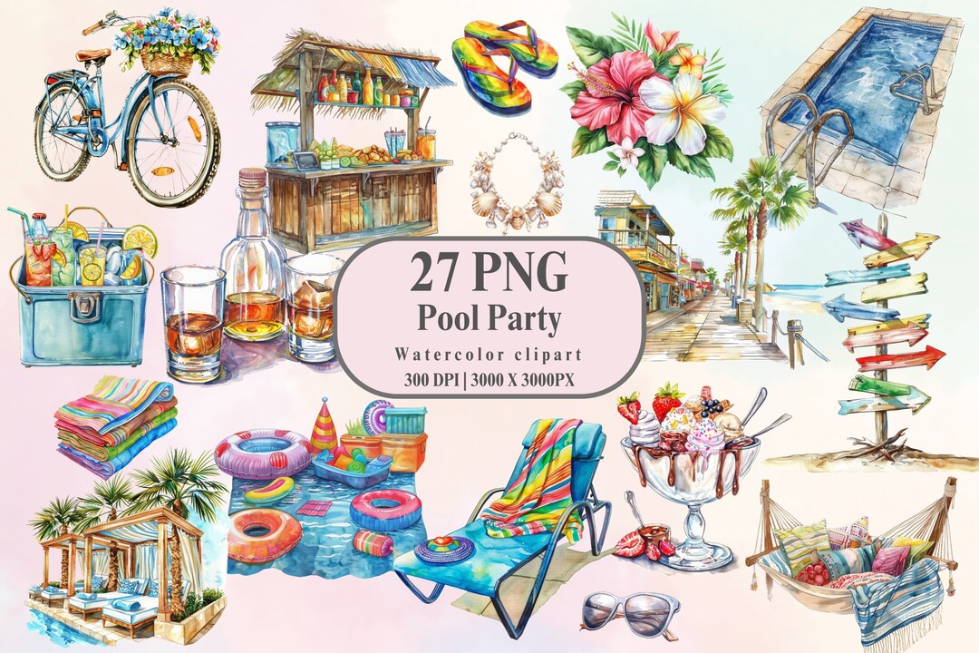 Watercolor Pool Party Clipart Bundle, Summer Clipart, Hello Summer ...