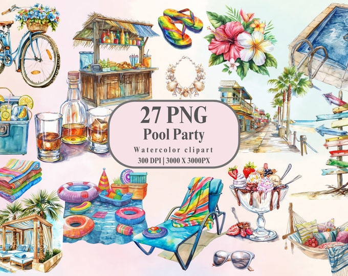 Watercolor Pool Party Clipart: Summer Beach Graphics (digital Stickers ...