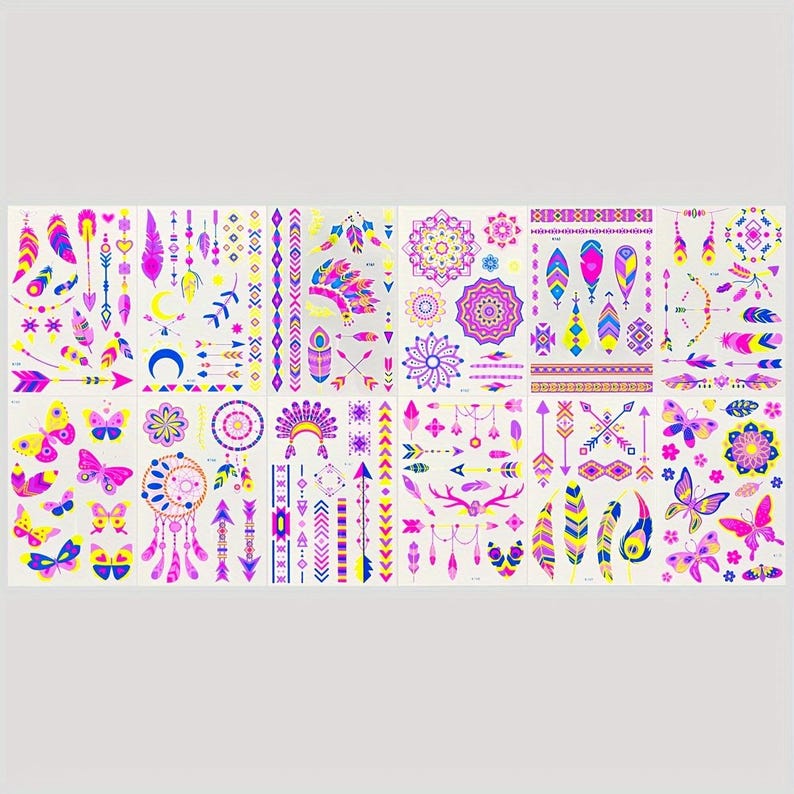 Neon Glow Body Art- in the Light Temporary Tattoos - 12 Sheets ...