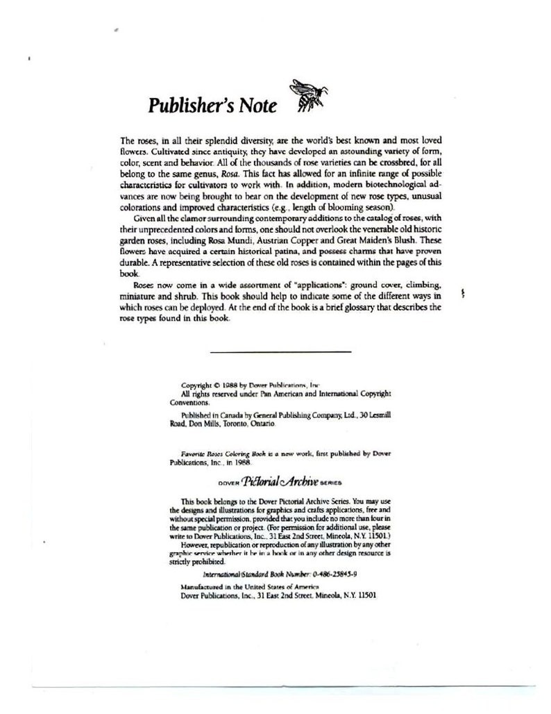 Vintage Coloring Book, Favorite Roses, Dover Nature Coloring Book, Pdf ...