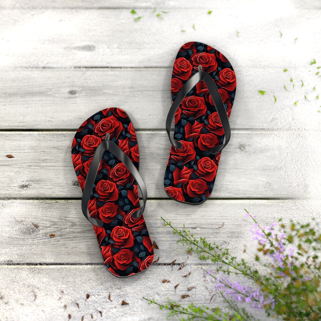 Dark Red Roses Flip Flops Gothic Style, Aesthetic Flip Flops Floral ...