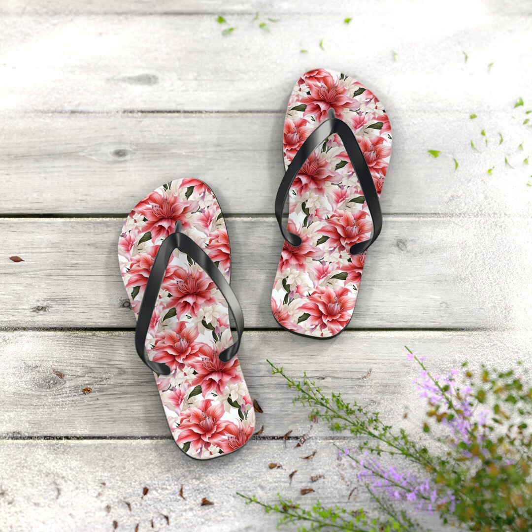 Dragonflower Flip Flops in Pink & White, Aesthetic Floral Summer Design ...