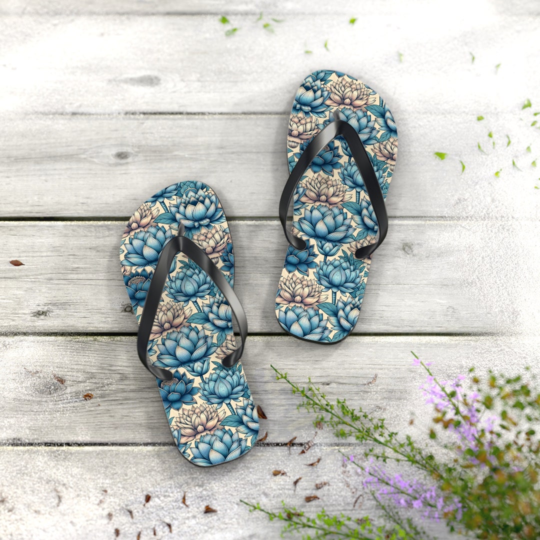 Beautiful Blue Lotus Flowers Flip Flops, Summer Flip Flops in Blue ...