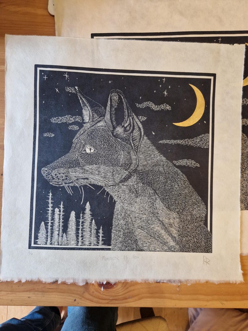 Fantastic Mr. Fox Lino Print - Kitakata Cream Paper - Etsy