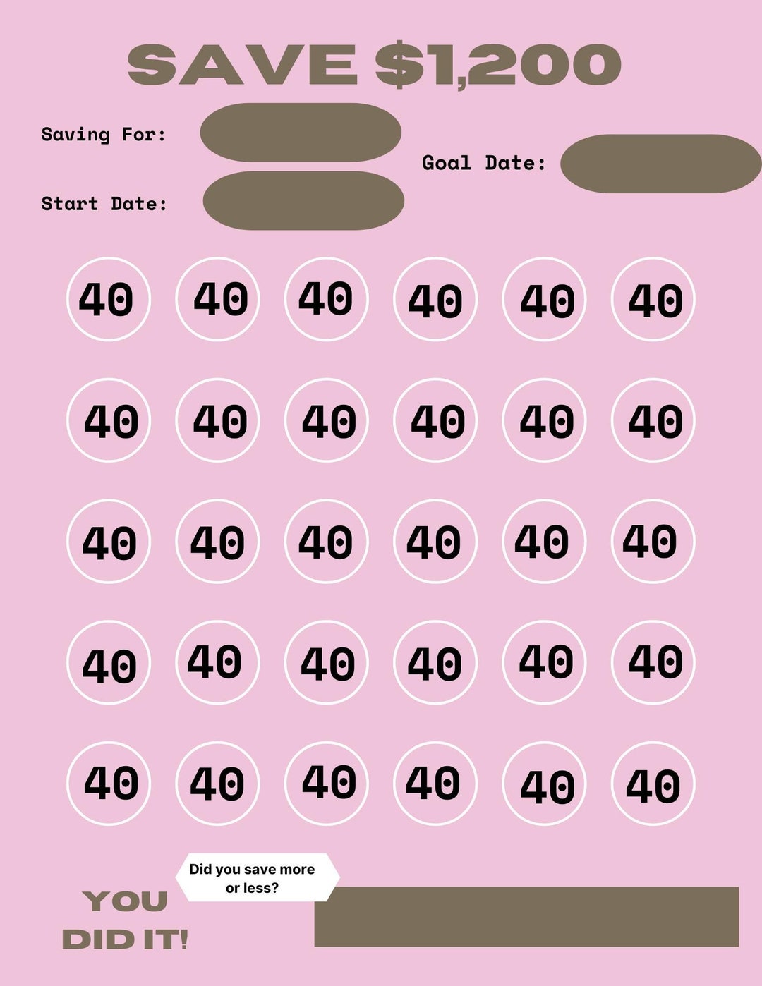 Printable Savings Tracker Fun 1,200 Budget Challenge, Money Saver Goal ...