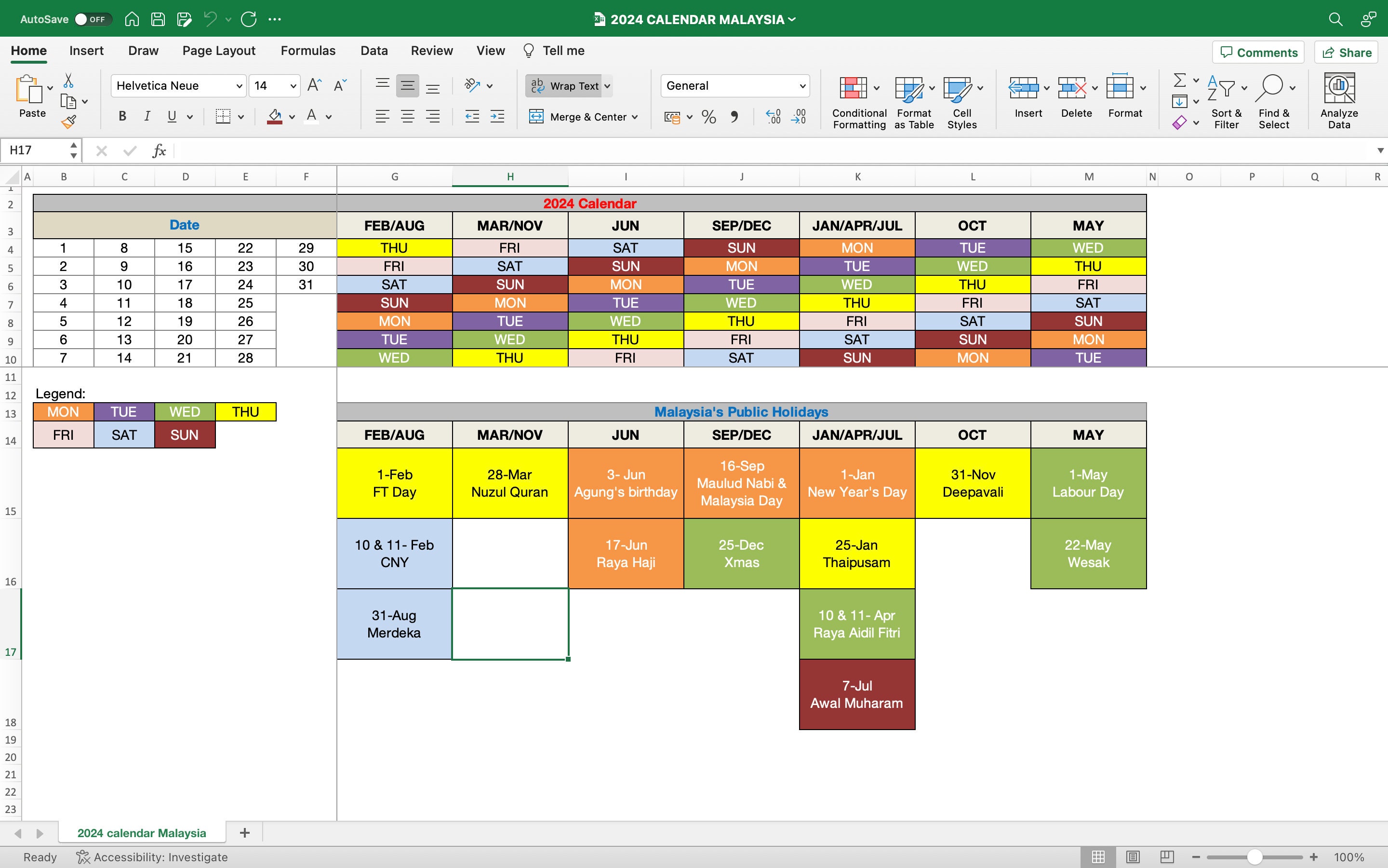 Fully Editable MS Excel One-pager 2024 Calendar With Malaysia's ...