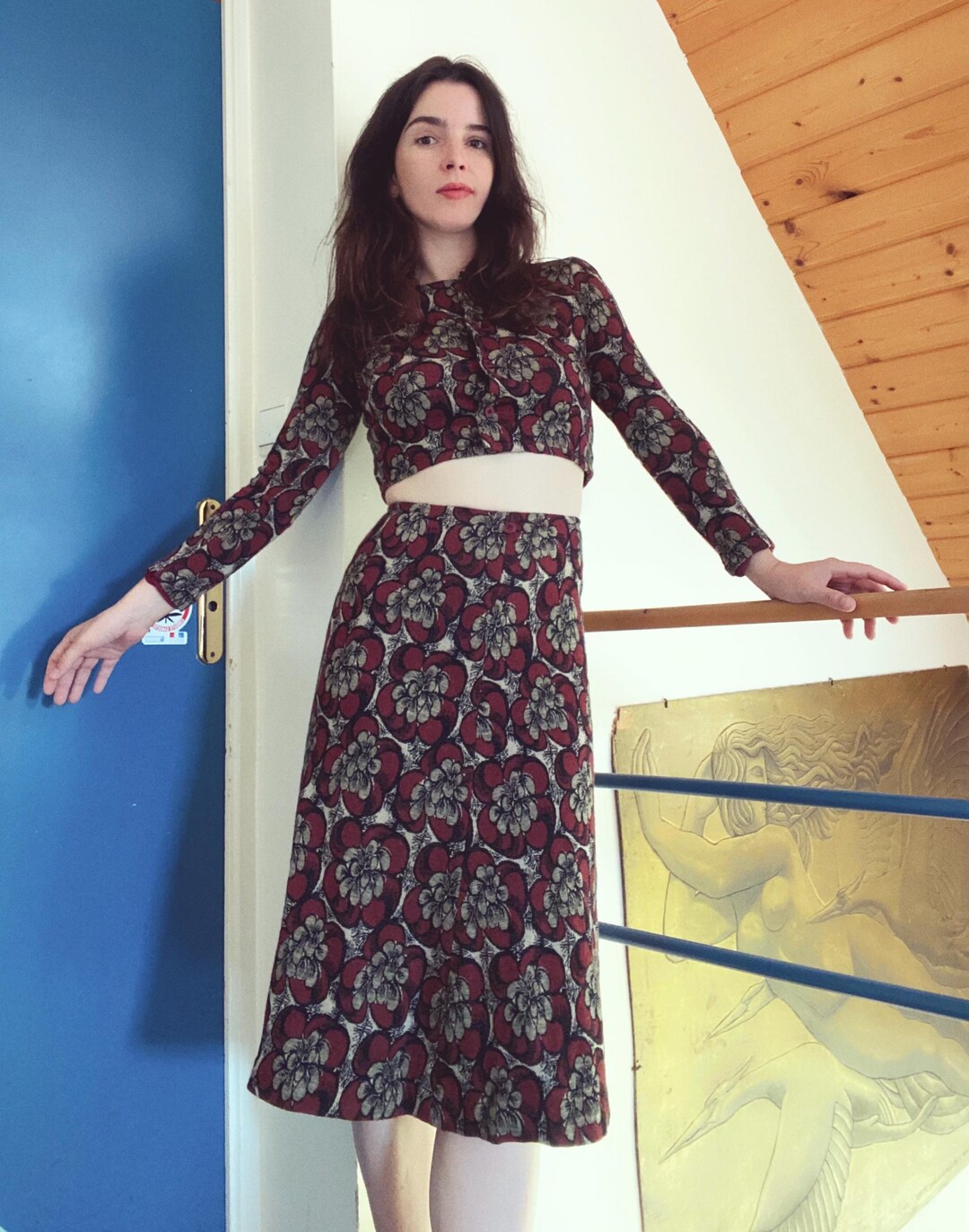 1971 Gudule Paris Skirt and Buttoned Crop Top, Wool Floral Set, Extra ...