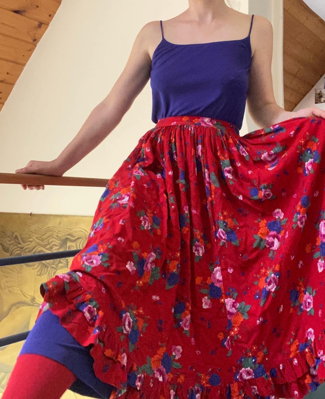 1970s Anastasia Paris Red Floral Printed Ruffled Skirt, High Waist ...