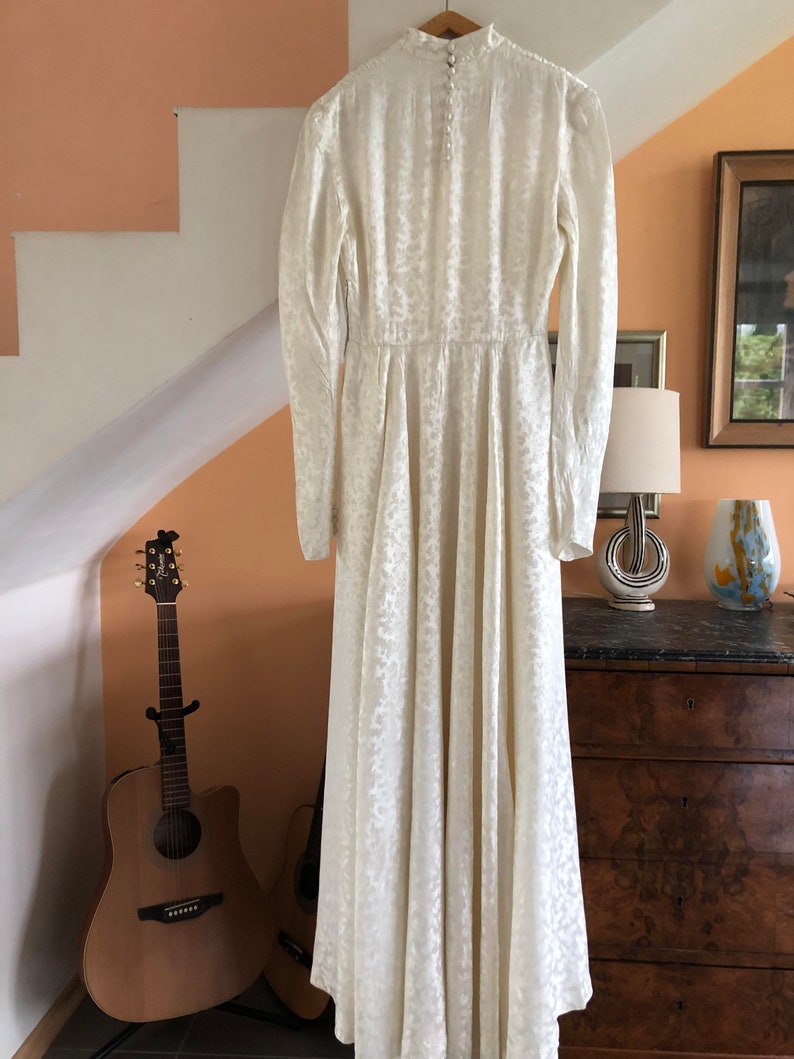 1940s Sumptuous Satin Wedding Dress, Brocaded, Pointy Collar, Little ...