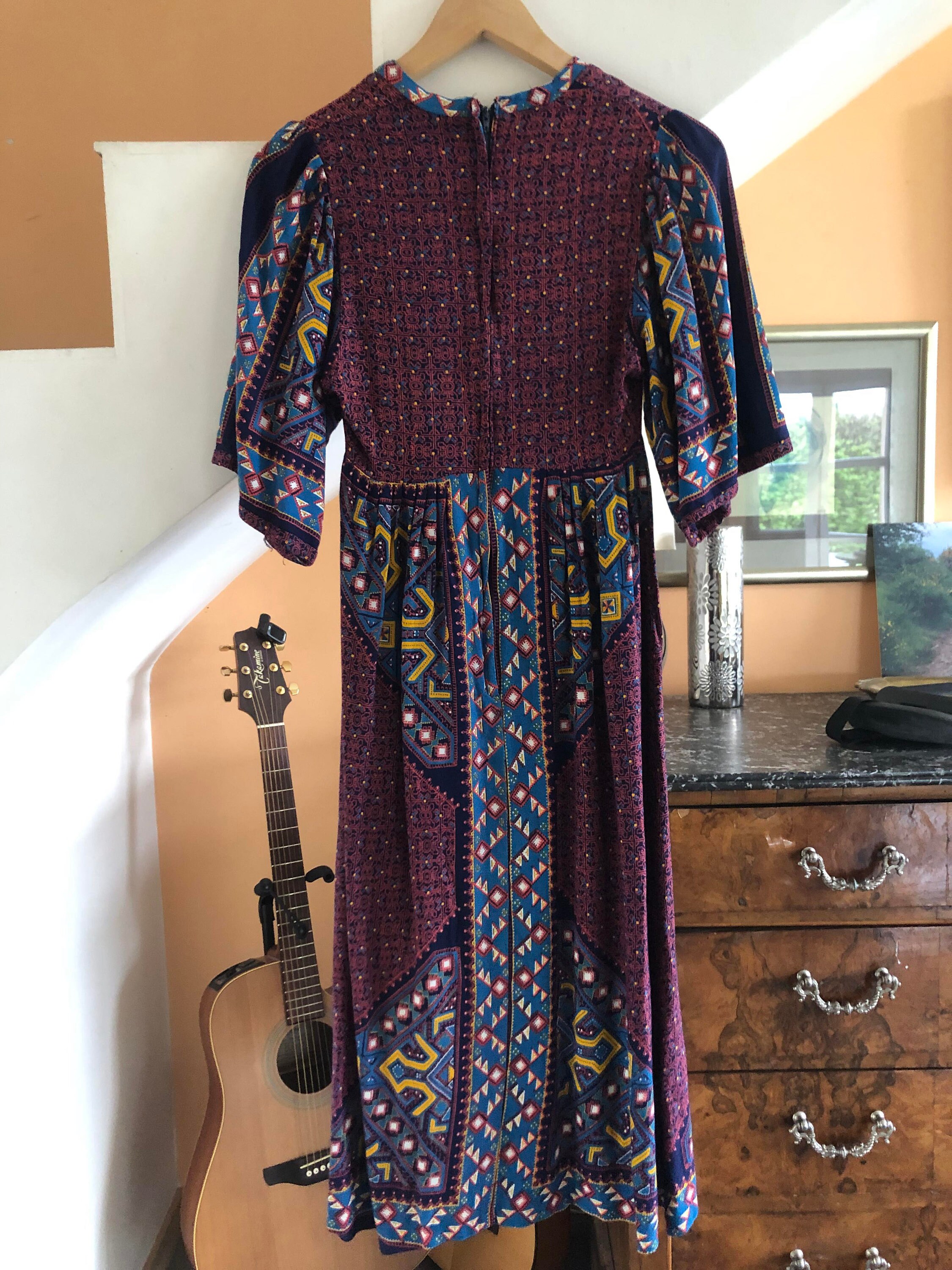 1970s Ann Reeves and Co London Boho Printed Dress, Square Neckline, XS ...