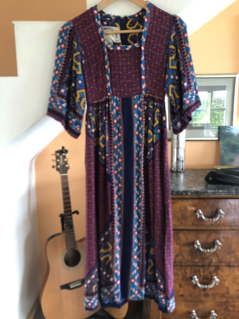 1970s Ann Reeves and Co London Boho Printed Dress, Square Neckline, XS ...