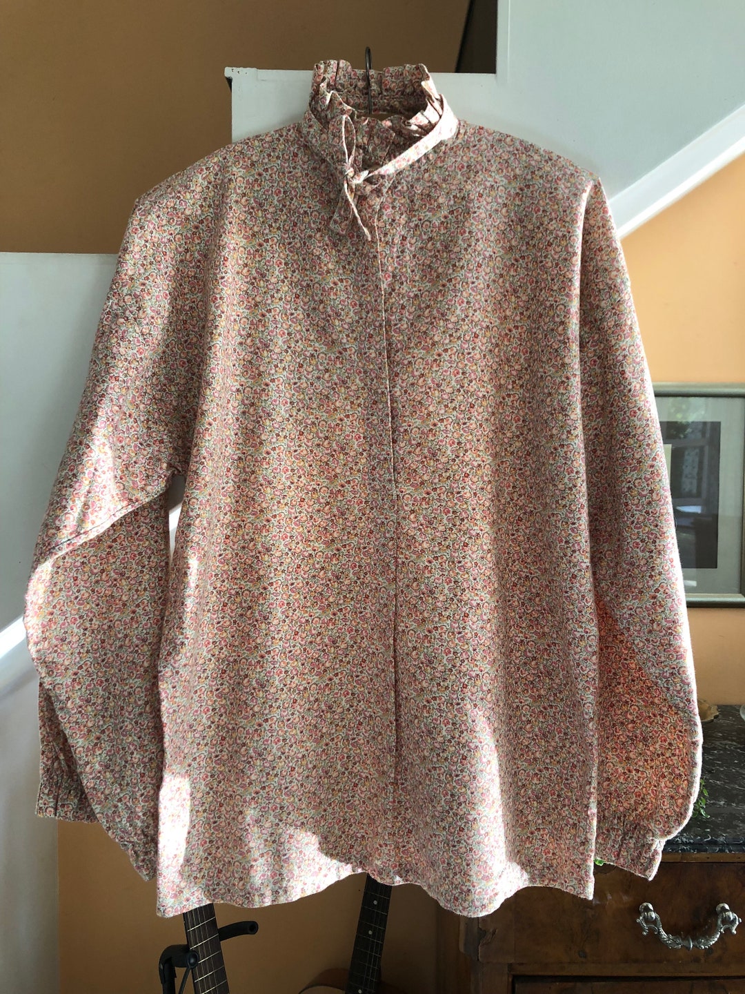 1970s Gudule Paris Flannel Shirt With Tiny Floral Print and Ruffled ...